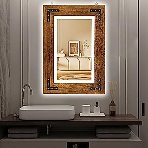 Wood Framed Mirror with 3-Color LED Light, 26" x 18" Farmhouse Bathroom Mirror, Anti-Fog Wooden Mirrors for Wall Decor, Smart Rustic Wall Mirror, Vertical or Horizontal Hanging, Brown