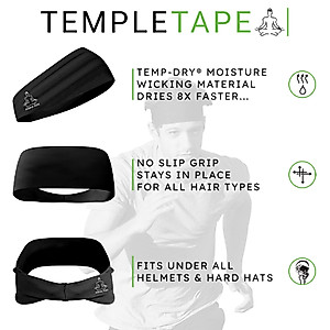 Temple Tape Headband, Sweatband and Sports Headbands Moisture Wicking Workout Sweatbands for Running, Crossfit, Skiing and Bike Helmet Friendly, 2 Piece