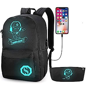 Pawsky Skateboard Anime Luminous Backpack School Backpack with USB Charging Port, Anti Theft Lock and Pencil Case for Teen Boys and Girls, College School Bookbag Lightweight Laptop Bag, Black