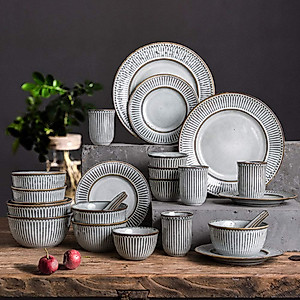 Ceramics Dinner Sets for 6, Plates, Bowls and Cups | 38 Pieces Premium Kiln Glaze Dinnerware - Vintage Stripe Porcelain Dinner Plates Combination Set for Restaurant Family Party