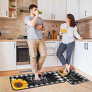 Black White Buffalo Plaid Check Sunflower Kitchen Rugs and Mats Set of 2 Non Slip Kitchen Floor Mats Comfort Standing Desk Mat for Doormat Bathroom Bedroom Runner Area Rug for Home Decor Washable
