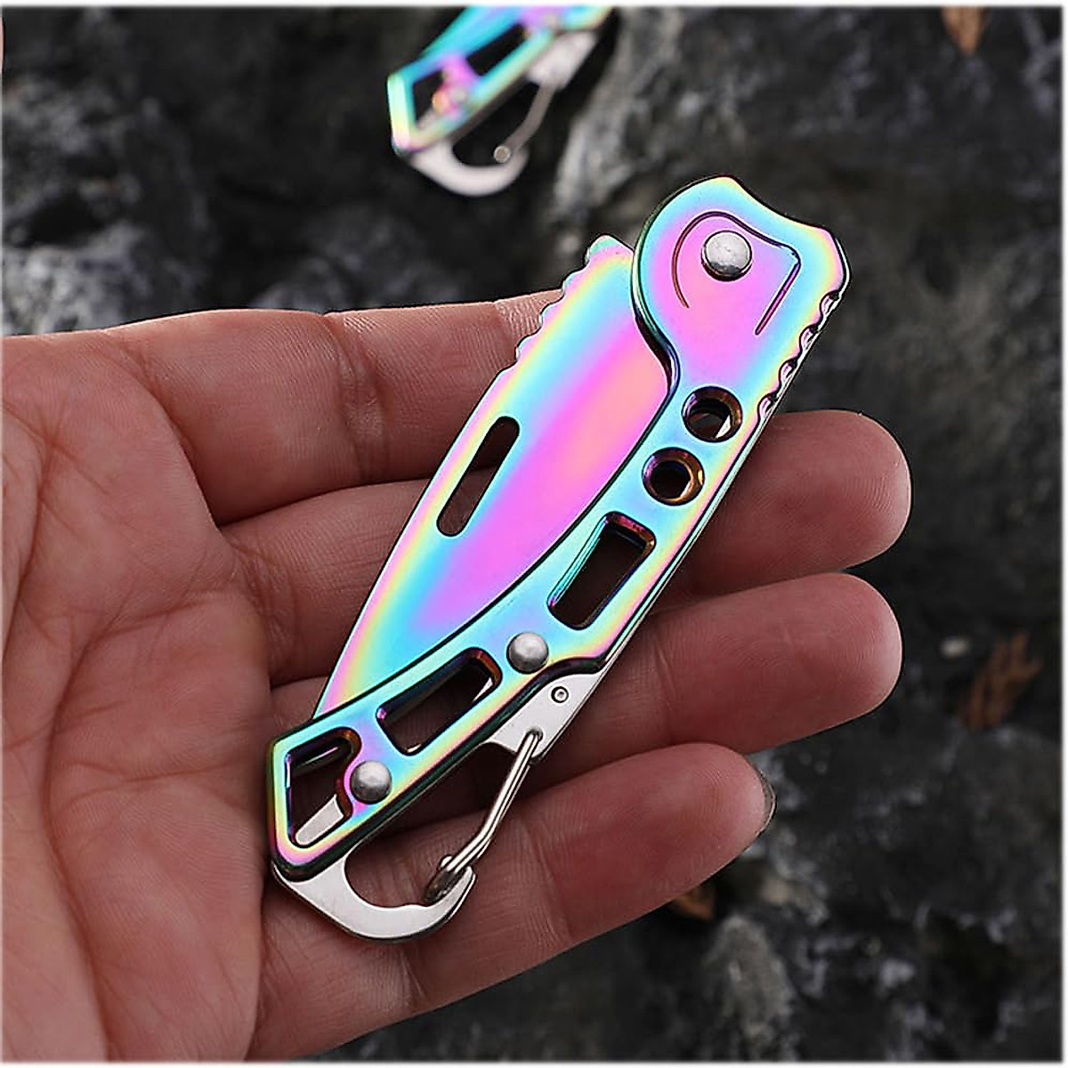 WWZJ 2 Pack Pocket Knife (Multicolored Titanium) with Key Ring Easy To Everyday Carry, Folding Knife Self-Defense