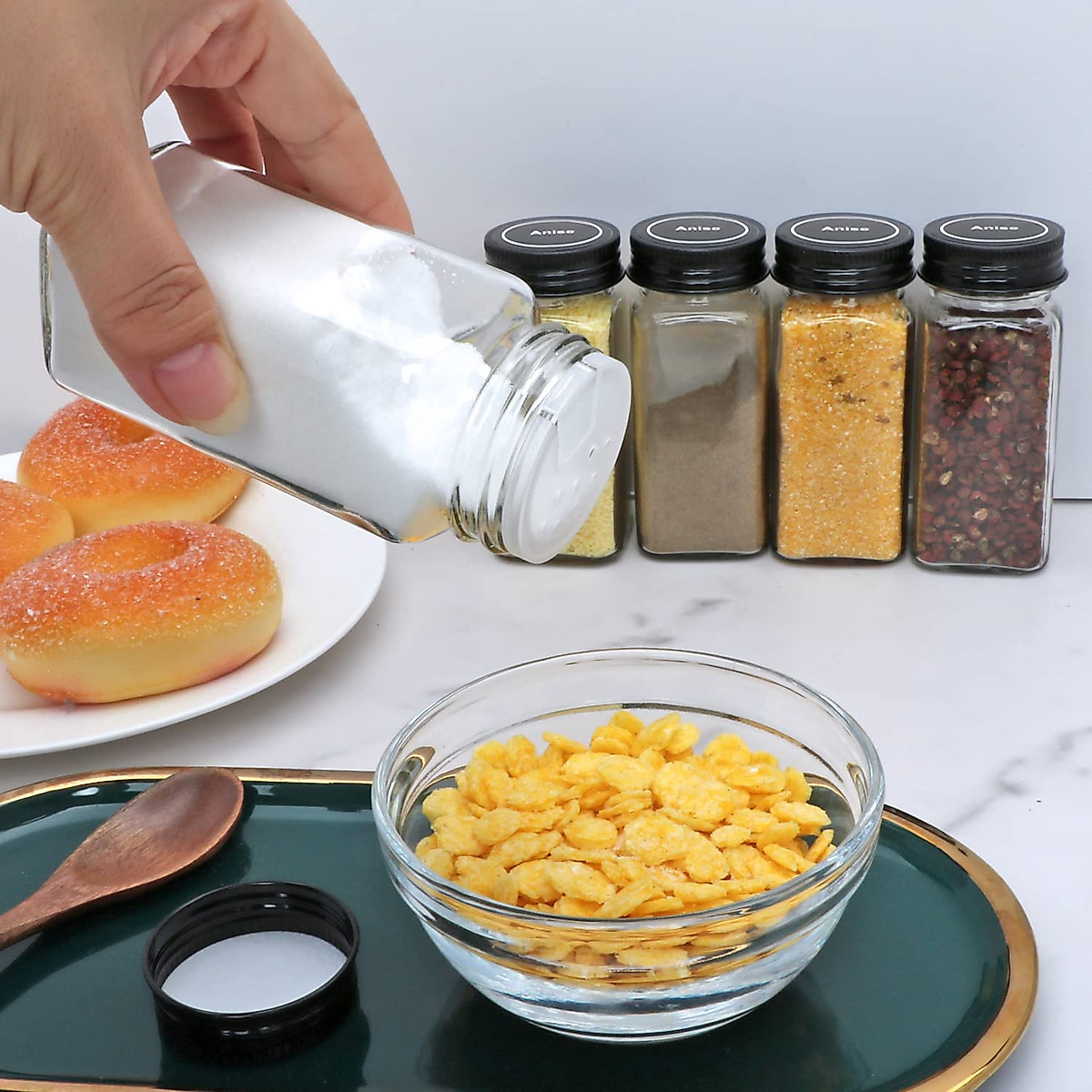 Accguan Spice Jars,4oz Glass Spice Bottles with Black Lids,Spice Labels and Stylus and Funnel, Perfect for Kitchen Countertop Storage,Cabinet Storage, Dining Room, and Gifts(52pcs)