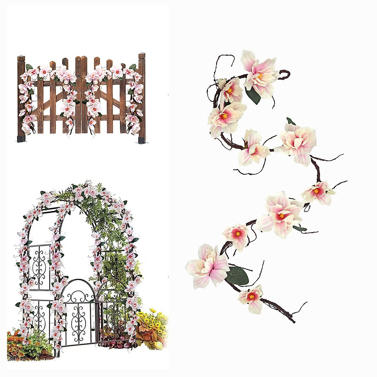 LIUCOGXI 6.1 Ft Artificial Magnolia Flower Garland with Flowers Faux Flower Vine Magnolia Garland Fake Froal Vine for Greenery Garland for Wedding Home Party Craft Art Table Runner Fireplace Decor