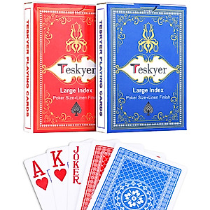 Teskyer 2 Pack Large Print Playing Cards, Poker Size Large Index Deck of Cards, Linen Finish Surface, Pattern A