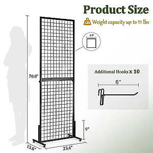 Cathyeen 6' x 2' Wire Grid Panel Wire Wall Grid Display Rack for Craft Shows with T-Base Floorstanding Sturdy Thickened Frame Art Show Display Panels Gridwall Panel Tower with 10 Pcs Hooks
