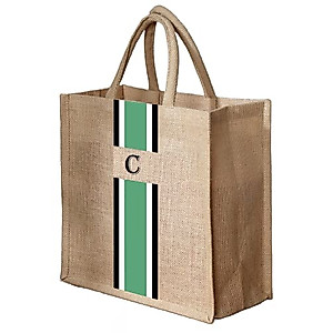 Globyz Jute Burlap Lime Green Color With Initials Tote Bag Present for Wedding Birthday Gift Bridesmaid (43H*35L*17W CM) (C)