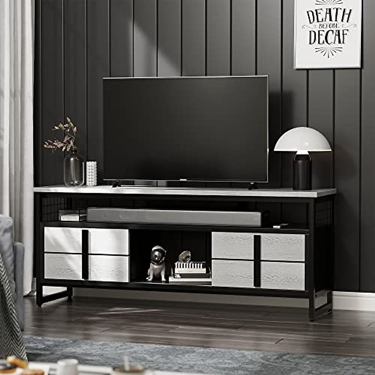 YITAHOME Modern TV Stand for TVs up to 65 Inch, Entertainment Center with Shelf, Wood TV Media Console with Sturdy Metal Legs for Living Room, 300lbs Capacity, White Oak/Black, 59.5"