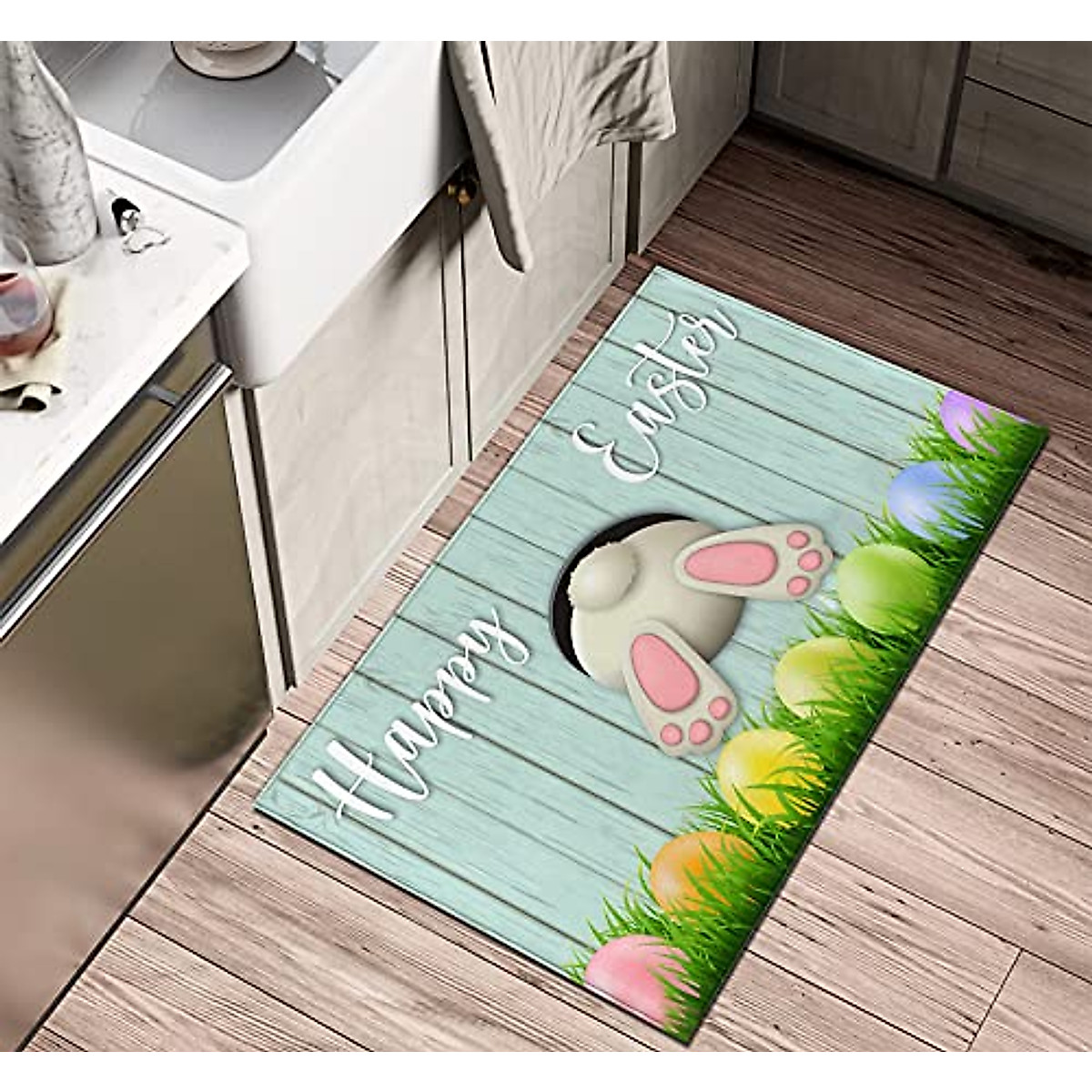 AUSTAB Easter Welcome Door Mat Bunny Tail Spring Floor Mat Indoor Outdoor Entrance Bathroom Door Mat Non-Slip Washable Greeting Party Decorations 17 X 29 Inches