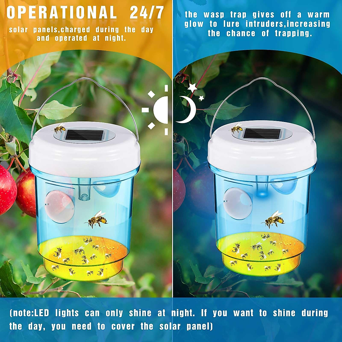 2 Pack Wasp Traps Outdoor Hanging Fly Traps with UV LED Light Solar Powered Hornet Trap Non-Toxic Reusable Hornet Traps Wasp Killer for Indoor Outdoor Patio Garden Home (Blue)