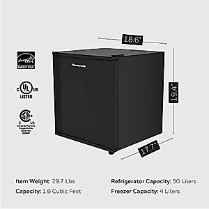 Honeywell Compact Refrigerator 1.6 Cu Ft Mini Fridge with Freezer, Single Door, Low noise, for Bedroom, Office, Dorm with Adjustable Temperature Settings, Black