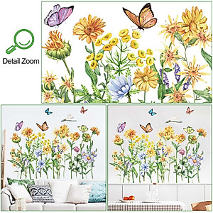 Buiory Removable Flowers Wall Decals Floral Butterfly Wall Stickers Garden Plants Wall Decor for Nursery Classroom Bedroom Bathroom Sofa TV Background