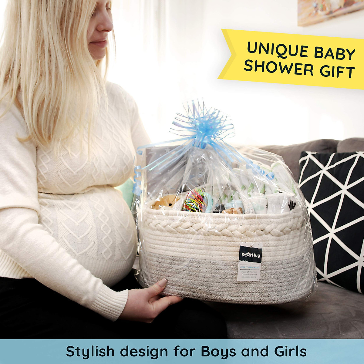 StarHug Baby Diaper Caddy Organizer – Baby Shower Basket with 2 Inner Pockets, Cleanable Interior, 100% Cotton Rope, Eco-Friendly, Large