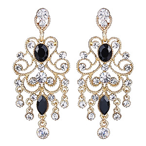 BriLove Wedding Bridal Dangle Earrings for Women Vintage Style Crystal Drop Hollow Filigree Chandelier Dangle Earrings Black Gold-Toned