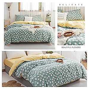 Sage Green Floral Duvet Cover Twin Soft Cotton Bedding Set Daisy Floral Printed on Green Bedding Duvet Cover, Modern Botanical Comforter Set with Zipper Closure