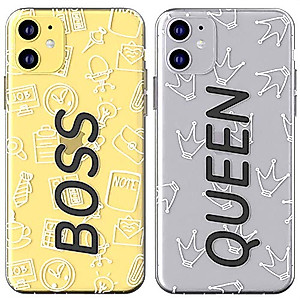 Toik Matching Couple Cases for Apple iPhone 11 Pro Xs Max Xr 10 X 8 Plus 7 6s 5s SE Cover Boyfriend Clear Lightweight Queen Basic Pattern Cute Protective Soulmate Boss Silicone Anniversary Simple