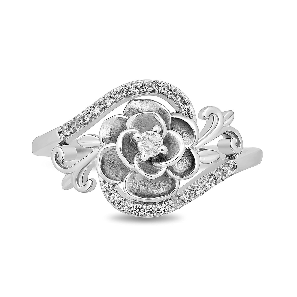 Jewelili Enchanted Disney Fine Jewelry Sterling Silver 1/5 Cttw Natural White Round Diamond Cinderella 70th Gardania Flower Fashion Ring, Size 7