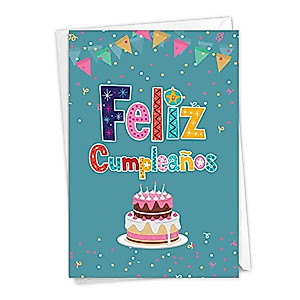 NobleWorks - 1 Spanish Birthday Card with Envelope - Hispanic Latino Celebration Card for Birthdays - Feliz Cumpleanos C6587BDG-SL