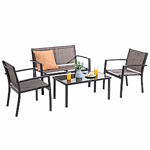 Vongrasig 4 Pieces Patio Furniture Sets, Small Modern Metal Textilene Outdoor Furniture Conversation Sets, Lawn Garden Porch Balcony Mesh Bistro Set Backyard Patio Set w/Loveseat&Glass Table (Taupe)