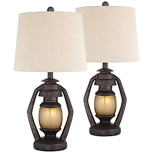 Franklin Iron Works Horace Rustic Farmhouse Table Lamps 25.25" High Full Size Set of 2 with Nightlight Miner Lantern Brown Oatmeal Tapered Drum Shade for Living Room Bedroom House Bedside Nightstand