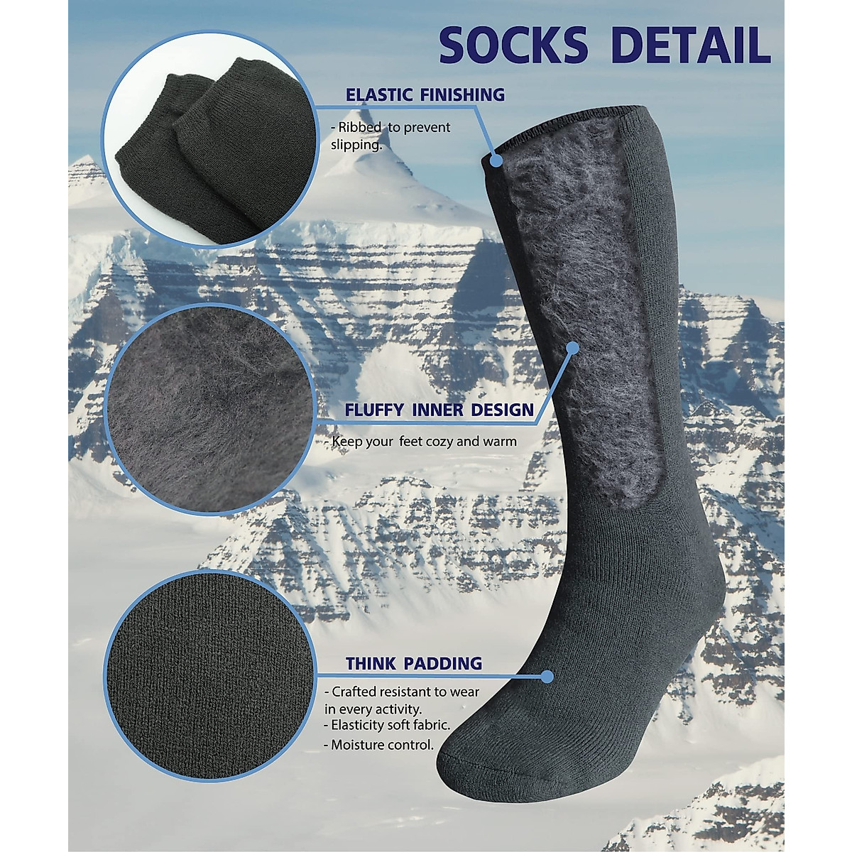 RATIVE Cold Weather Thick Heat Trapping Insulated Thermal Boots Socks Pack Warm Winter Long Crew for Men Women (12-14,2 pairs/black+grey+navy)