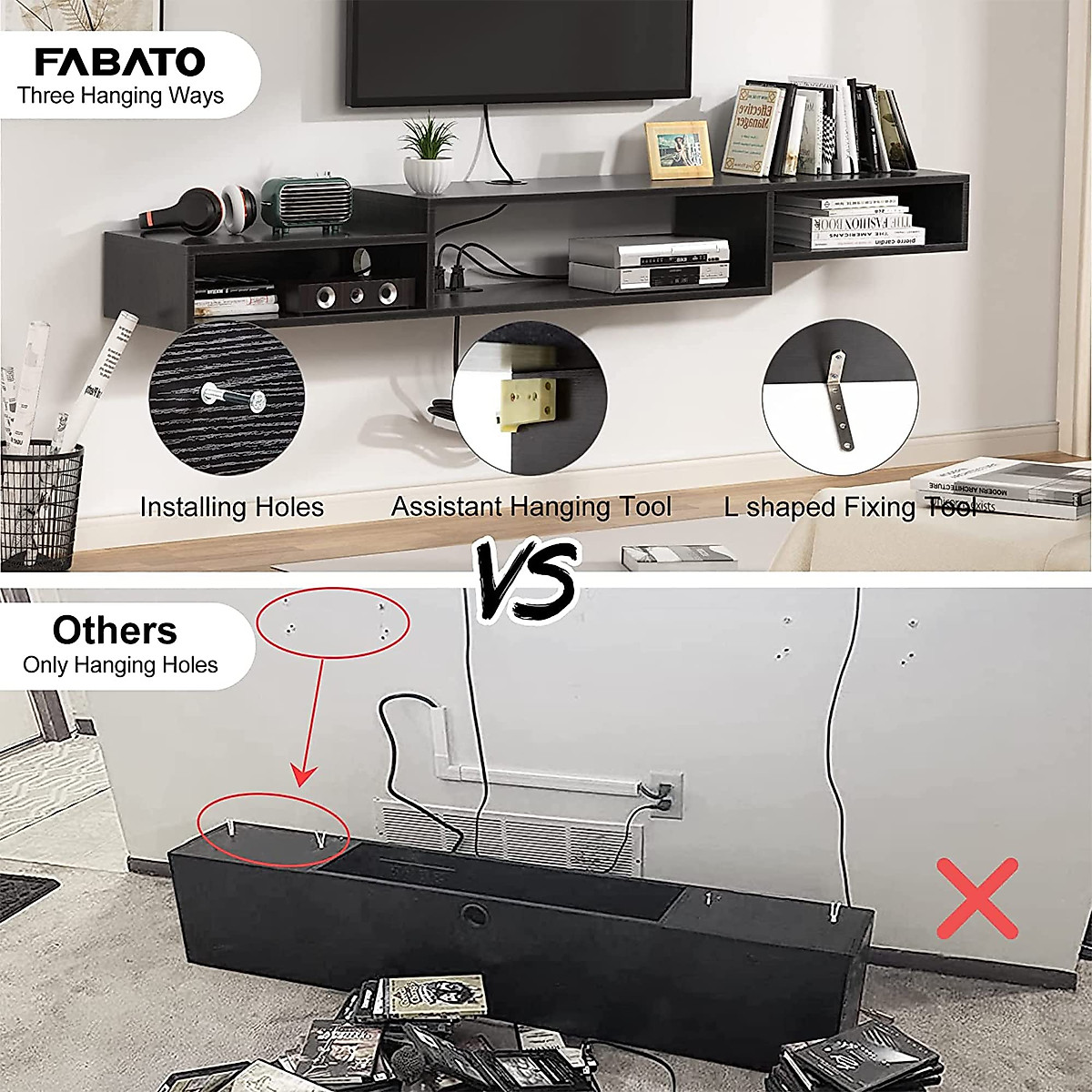 FABATO 59" Floating TV Stand with Power Outlet Wall Mounted Media Console Cabinet Shelf Under TV for Cable Box Audio Video Black