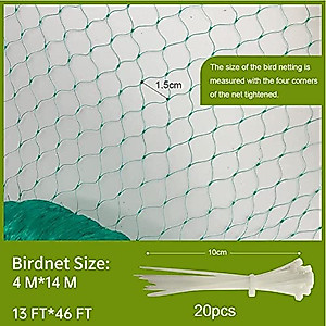 13 x 46 Feet Anti Bird Netting, Green Garden Netting Protect Fruit and Vegetables from Birds and Animals, Bonus 20 PCS Cable Ties - 0.56 in Mesh