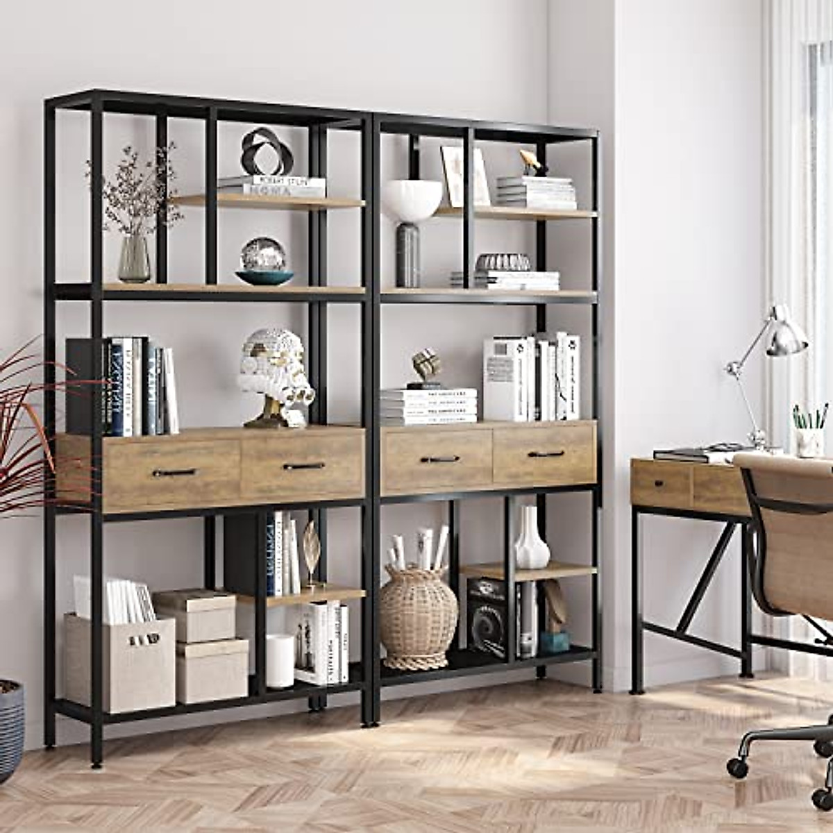 HITHOS Bookshelf, Tall Bookcase with 2 Drawers and Storage Shelves, Industrial Etagere Bookcase Book Shelves for Office, Living Room, Rustic Brown