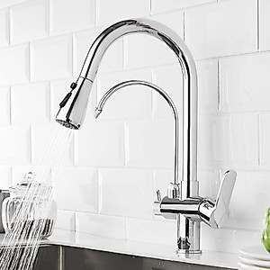 Aqur2020 G1/2 Modern 3 in 1 Filter Purifier Kitchen Faucet Double Handle PullOut Sink Hot Cold Water Tap Touch on Kitchen Sink Faucets