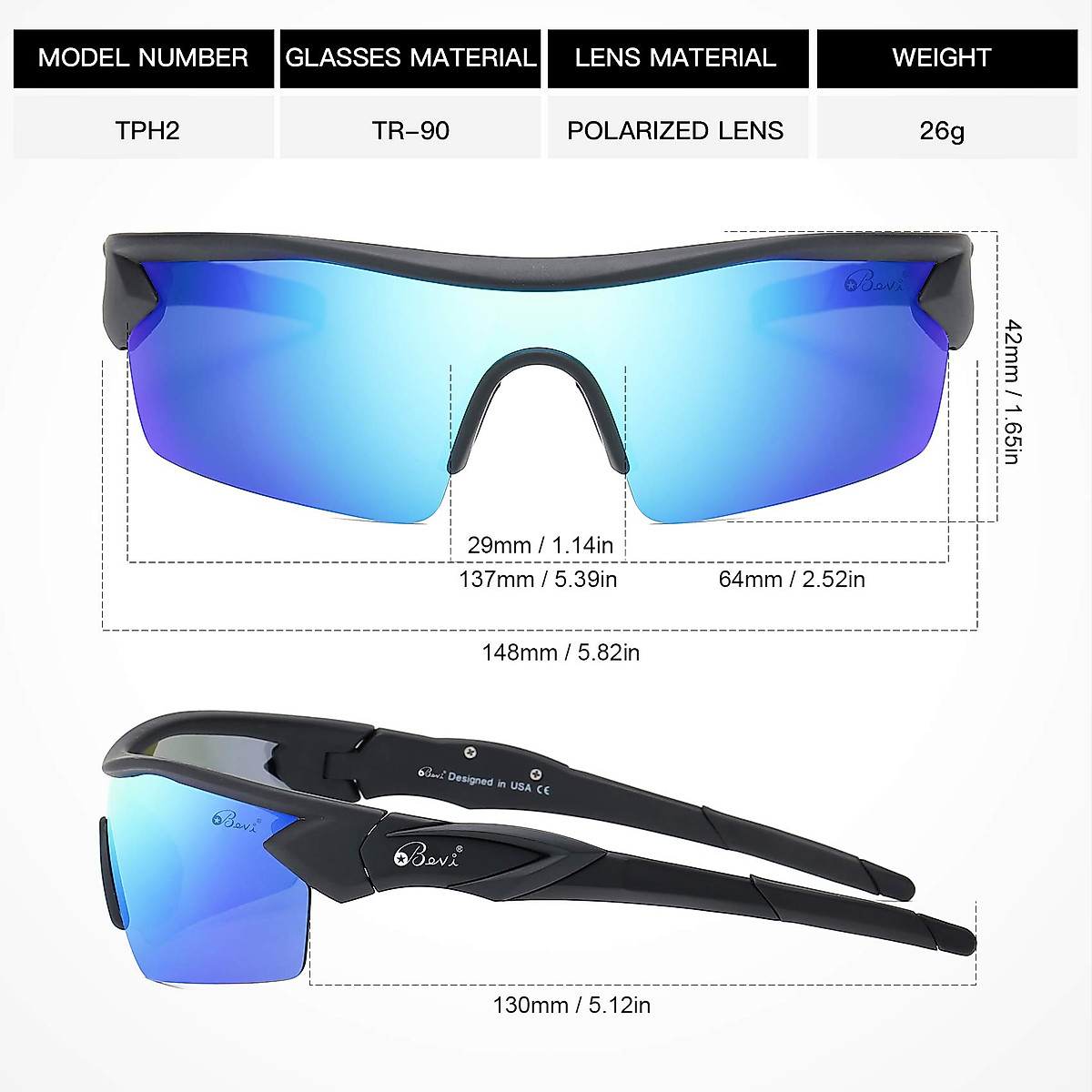 Bevi Polarized Sports Sunglasses TR90 Unbreakable Frame for Men Women Running Cycling Golf Baseball TPH2C2