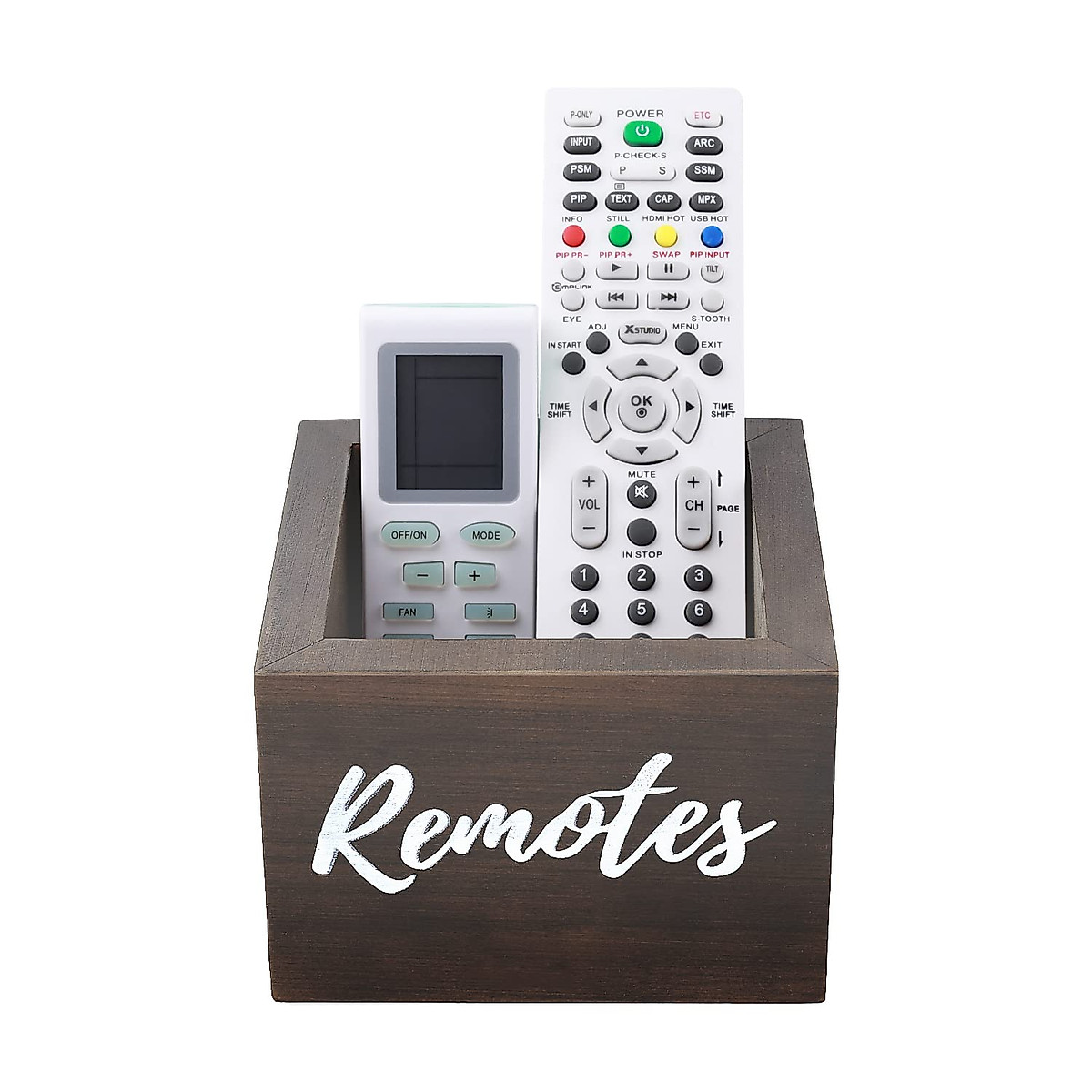 XBelmber Remote Control Holder Caddy, Wooden TV Remote Holder, Remote Organizer for Table, Vintage Farmhouse Desk Caddy, Media Storage Box - Brown