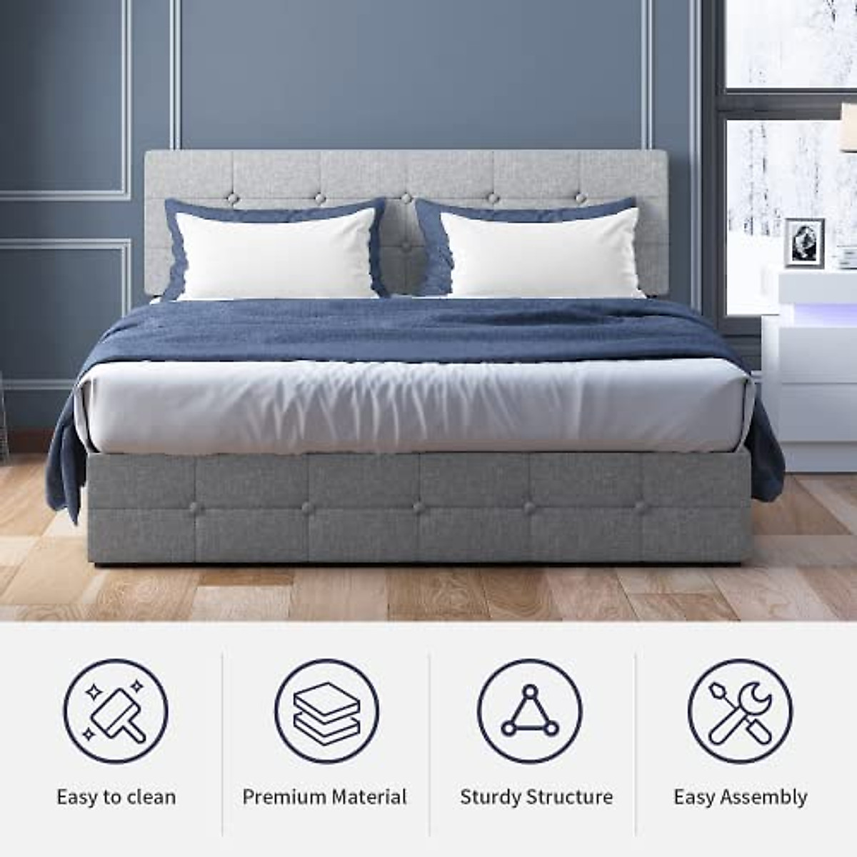 ZAFLY Platform King Bed Frame with 4 Storage Drawers,King Size Bed Frame and Linen Fabric Headboard,Square Stitched Button Tufted Design,Wooden Slats Support,No Box Spring Needed,Light Grey, 21023-K