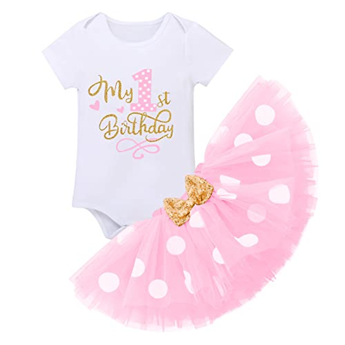 IBTOM CASTLE Baby Girls Cake Smash 1st Birthday Outfit Set Romper Bodysuit Dress+Polka Dots Tutu Skirt+ Ears Headband+Barefoot Sandals Foot Bands for Newborns Infants Photograph Pink-1st 1T