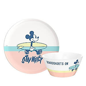 Zak Designs Disney Mickey Mouse Street Beach (Stay Wavey) - Kids Dinnerware Set, Includes 10in Melamine Plate and 27oz Bowl Set, BPA-Free Durable Plate and Bowl Makes Mealtime Fun