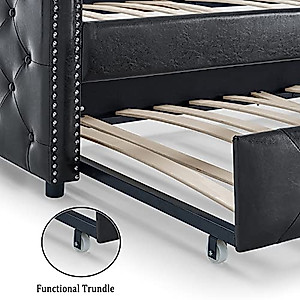 Antetek Daybed with Trundle, Twin Size Upholstered Daybed with A Trundle, Modern PU Leather Day Bed, No Box Spring Required, Sofa Bed for Bedroom, Living Room, Guest Room, Black
