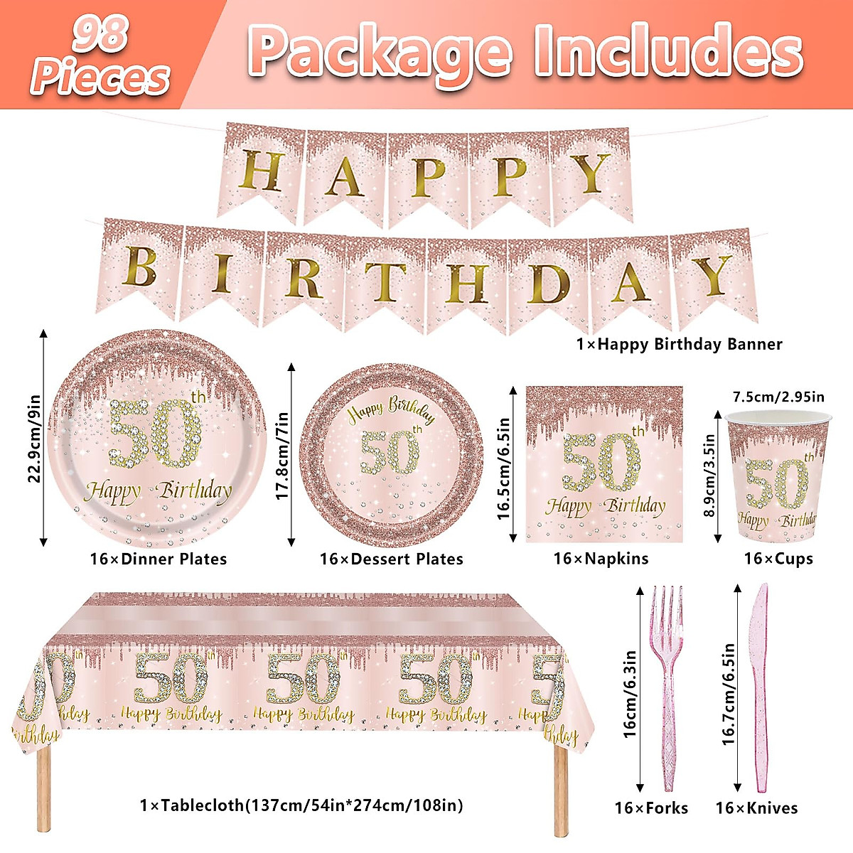 98PCS 50th Birthday Party Plates 50th Birthday Party Supplies Pink Rose Gold Party Decorations 50th Birthday Decorations for Women Paper Plates Napkins Cups Forks Knives Tablecloth Banner Serve 16
