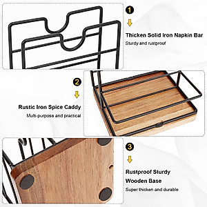 Livabber Napkin Holder, Metal Napkin Holder with Salt and Pepper Shakers Caddy Modern Napkin Dispenser for Table Kitchen Countertop, Not Including Salt and Pepper Shakers (Middle Wooden, Black)