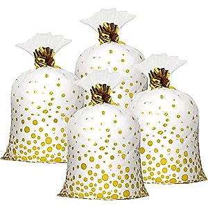 4 Pieces Plastic Multi-Color Dot Bags (36 x 48 Inch) with 4 Pieces Pull Flowers Large Packaging Wrapping Present Bags for New Parents Baby Shower Birthday Wedding Christmas Engagement Party (Golden)