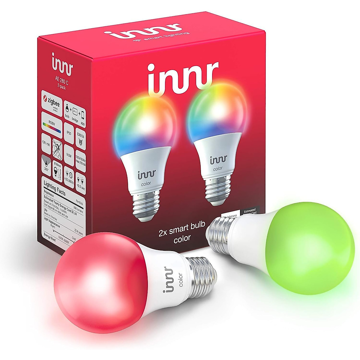 innr Color Smart Bulb A19, Works with Philips Hue, Alexa, Hey Google, SmartThings (Hub Required), Zigbee, Lights, Dimmable RGBW LED Light Bulbs A19 with E26 Base, 60W Equivalent, 2-Pack, AE 280 C-2