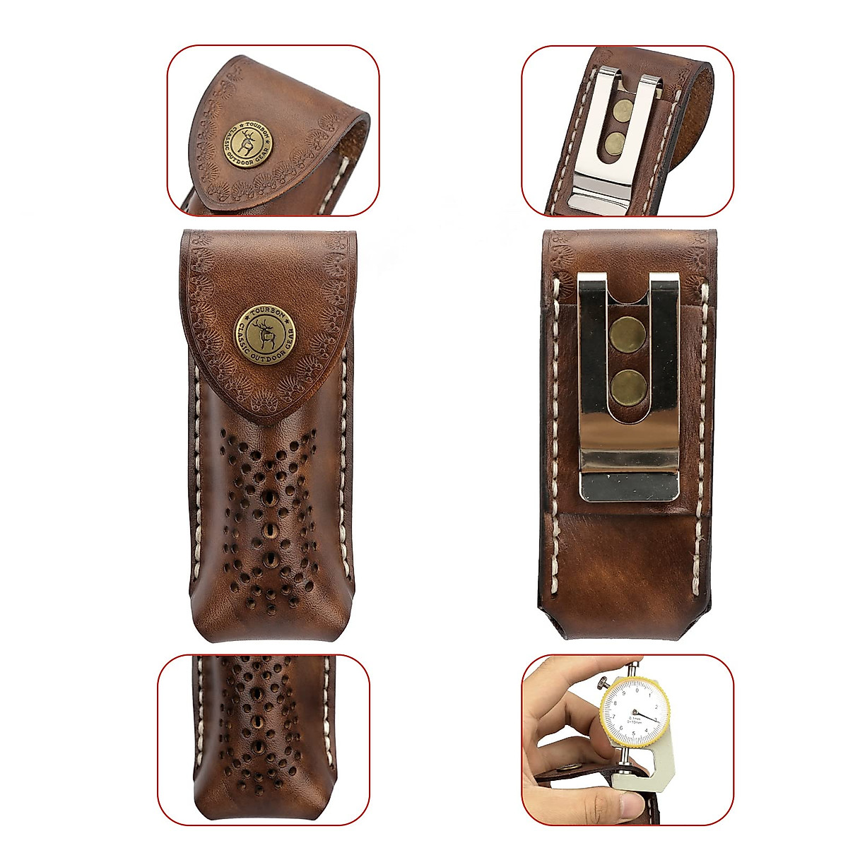 Tourbon EDC Leather Pocket Folding Knife Sheath Carrier Holster Flashlight Holder Case Wine Bottle Opener for Belt