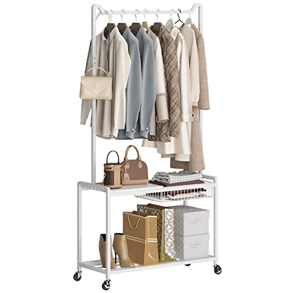 XYZLVSI 3-Tier Rolling Clothing Garment Rack for Hanging Clothes, 3-in-1, with Coat Rack, Movable Basket and 2 Storage Shelves, White