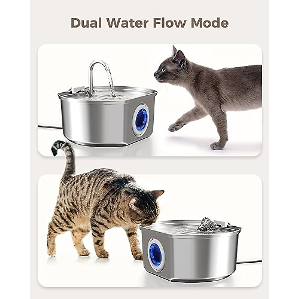 Cat Water Fountain Stainless Steel: 3.2L/108oz Large Automatic Quiet Pet Water Fountain - Dog Water Dispenser with Water Level Window - Multiple Pets - 4 Filter Replacement