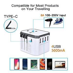 Universal Power Adapter, USB International Travel Adaptor All in One Worldwide Plug Fast Charger Outlet with 4 USB Ports AC Socket for US to AU UK Europe Over 224 Countries