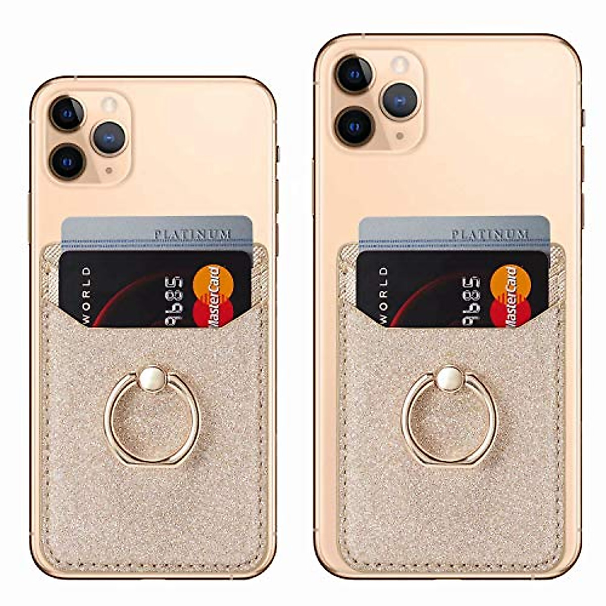 Phone Card Holder Sleeve RFID Credit Wallet with Kickstand Ring for Women, DMaos 2 Pieces Glitter Sands Wallet Stick-On Back Grip for iPhone Samsung Android and Smartphones - Pink + Gold