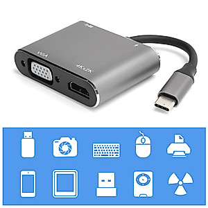USB C Hub, 4 in 1 C to C VGA USB HDMI Hub Adapter, 4kx2k 30Hz/60Hz Portable Docking Station with C/VGA/USB/HDMI Port，Multiport Splitter for Charging Smartphones/ Keyboard/ Mouse/ USB Memory Stick