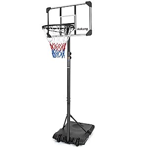 AOKUNG Teenagers Youth Height Adjustable 5.6 to 7ft Basketball Hoop 28 Inch Backboard Portable Basketball Goal System with Stable Base and Wheels, use for Indoor Outdoor
