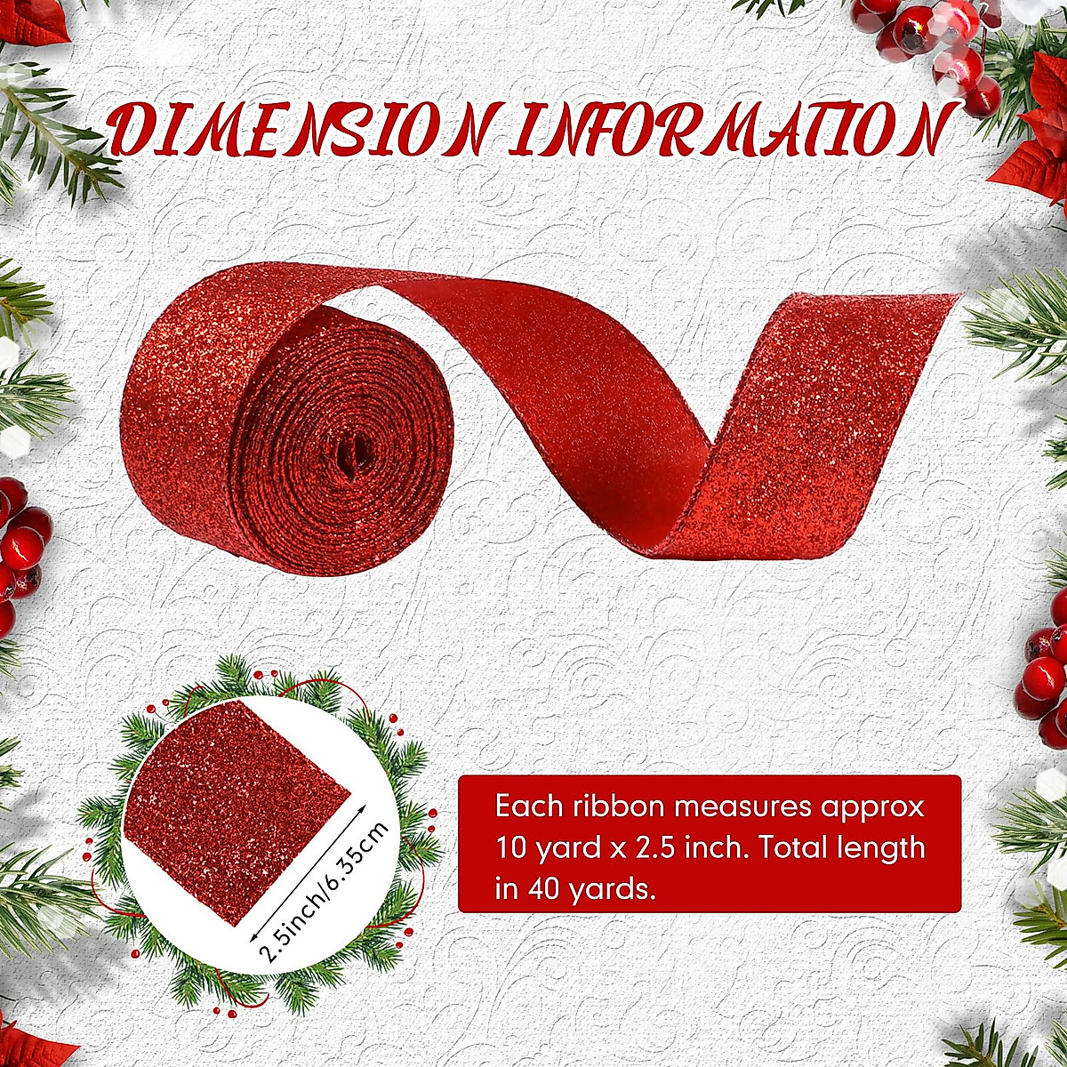 Yinder 4 Roll 40 Yards Christmas Metallic Wired Ribbon - Thick, Glitter, Tree & Gift Wrapping Ribbon for DIY Crafts & Xmas Party Decorations (Red, 2.5 Inch)