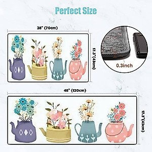 Kitchen Rugs Set Bouquet Flower teapot Set Graphic About Flower Kitchen Mat for Floor Non-Slip Washable Kitchen Runner Doormat Bath Rug Carpet Comfort Standing Mats Decorations