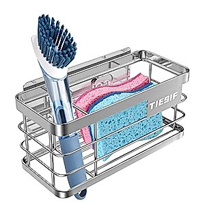 TIESIF 3 in 1 Sponge Holder for Kitchen Sink,Stainless Steel SUS304,Sink Caddy Kitchen Sink Organizer,Adhesive Sink Brush Holder Rust Proof Water Proof No Drilling