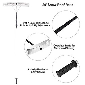 S AFSTAR Aluminum Roof Rake, 6.5’-21’ Telescoping Snow Roof Rake w/ 6’’ x 25’’Blade & Twist-N-Lock, Lightweight Snow Rake for House Proof, Debris, Leaves, Branches, Snow Removal